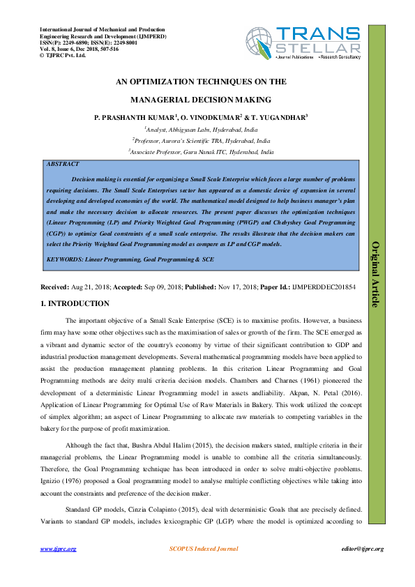(PDF) AN OPTIMIZATION TECHNIQUES ON THE MANAGERIAL DECISION MAKING