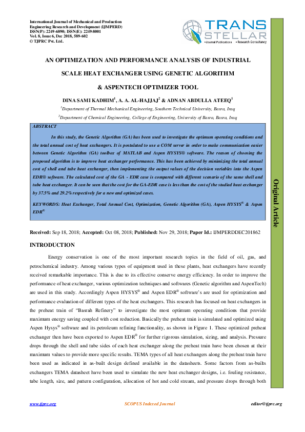 (PDF) AN OPTIMIZATION AND PERFORMANCE ANALYSIS OF INDUSTRIAL SCALE HEAT EXCHANGER USING GENETIC ...