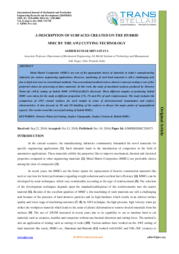 (PDF) A DESCRIPTION OF SURFACES CREATED ON THE HYBRID MMC BY THE AWJ ...