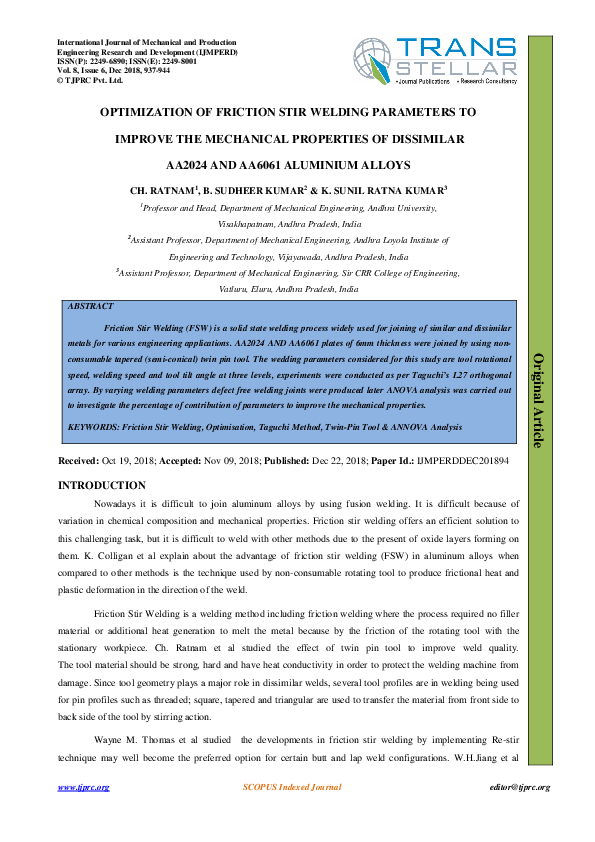 (PDF) OPTIMIZATION OF FRICTION STIR WELDING PARAMETERS TO IMPROVE THE MECHANICAL PROPERTIES OF ...