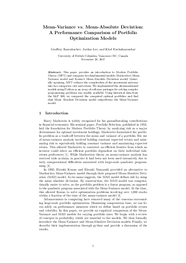 Pdf Mean Variance Vs Mean Absolute Deviation A Performance Comparison Of Portfolio