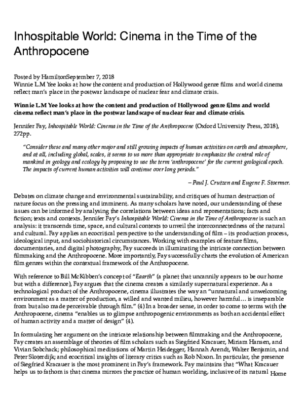 (PDF) Inhospitable World- Cinema in the Time ...ocene | HONG KONG ...