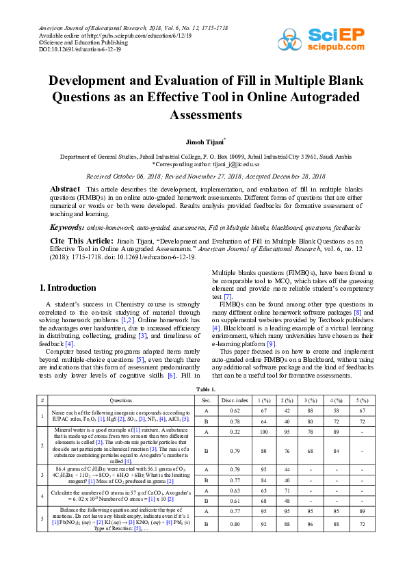 (PDF) Development and Evaluation of Fill in Multiple Blank Questions as ...