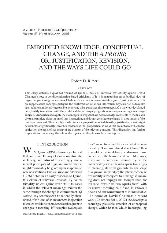 (PDF) Embodied knowledge, conceptual change, and the a priori; or ...