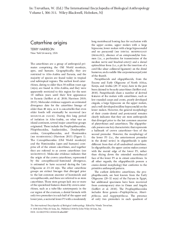 (PDF) 2018 Harrison - Catarrhine Origins