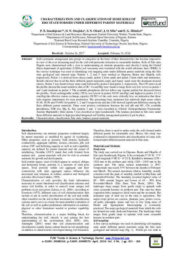 (PDF) CHARACTERIZATION AND CLASSIFICATION OF SOME SOILS OF EDO STATE FORMED UNDER DIFFERENT ...