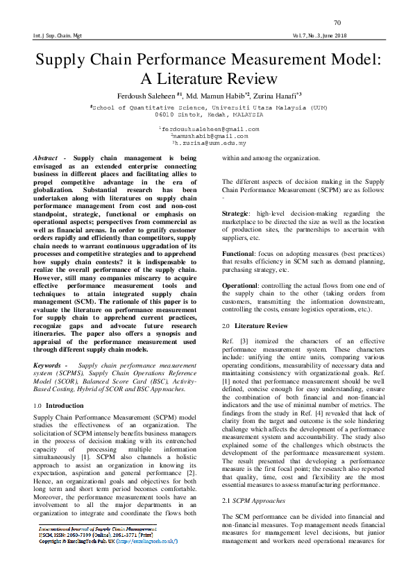 (PDF) Supply Chain Performance Measurement Model: A Literature Review