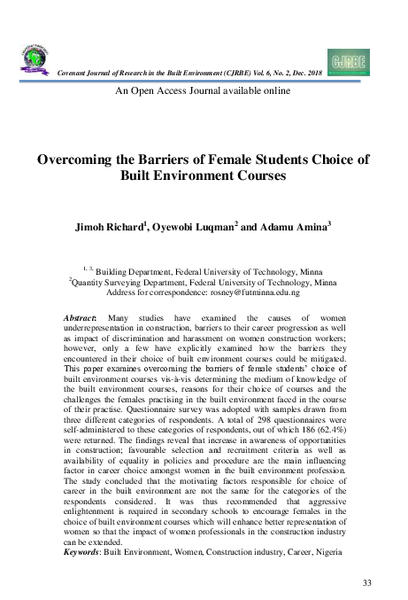 (PDF) Overcoming the Barriers of Female Students Choice of Built Environment Courses