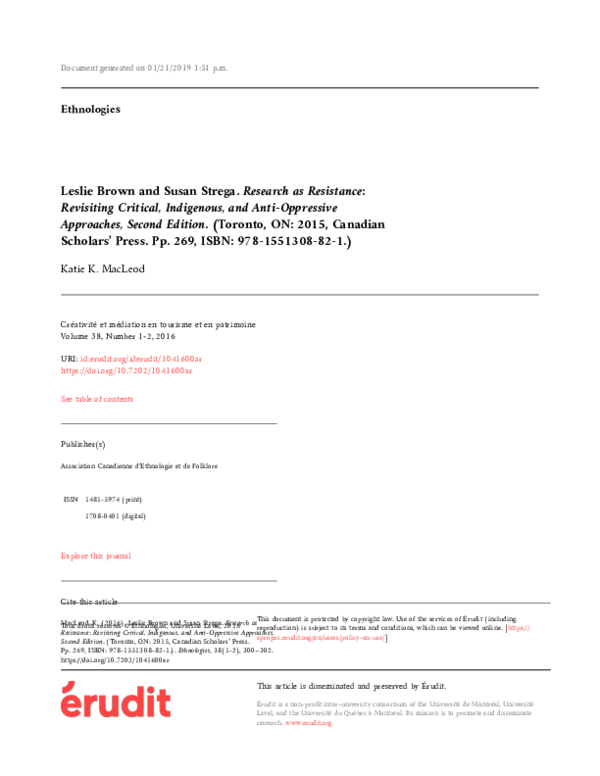 (PDF) MacLeod, K. (2016). Leslie Brown and Susan Strega. Research as ...