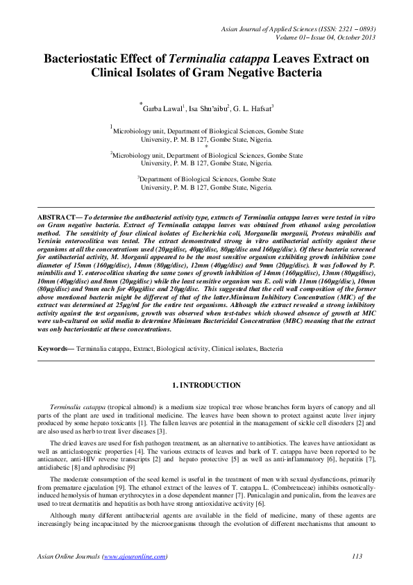 (PDF) Bacteriostatic Effect of Terminalia catappa Leaves Extract on ...