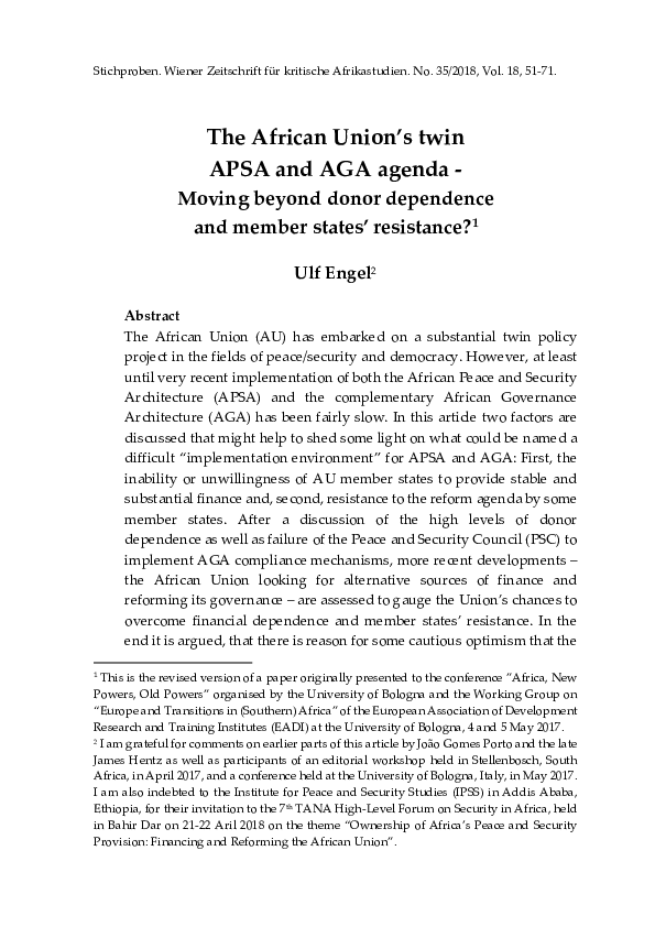 (PDF) (2019) The African Union’s twin APSA and AGA agenda - Moving ...