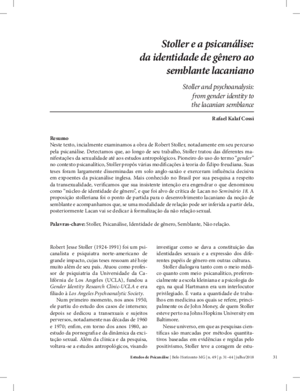 (PDF) Stoller e a psicanálise: da identidade de gênero ao semblante ...