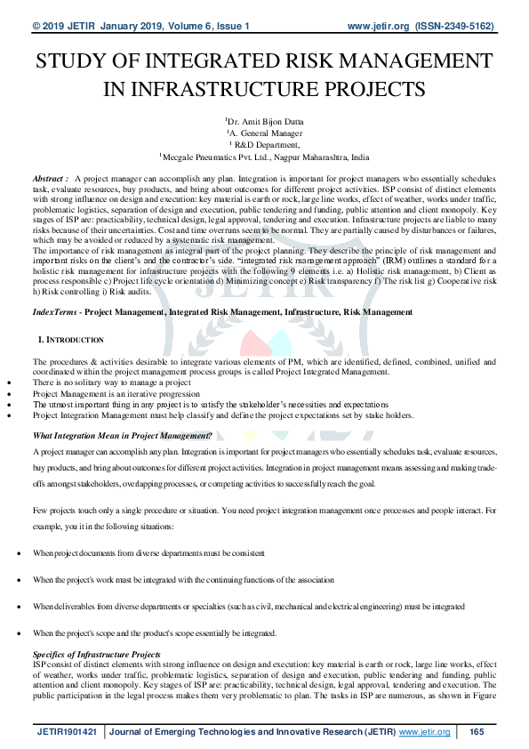(PDF) STUDY OF INTEGRATED RISK MANAGEMENT IN INFRASTRUCTURE PROJECTS