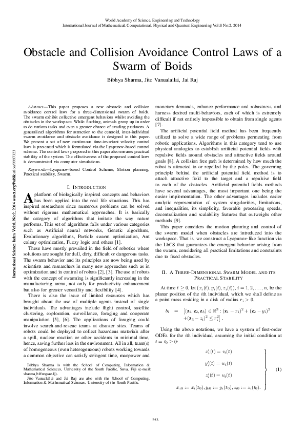 (PDF) Obstacle and Collision Avoidance Control Laws of a Swarm of Boids