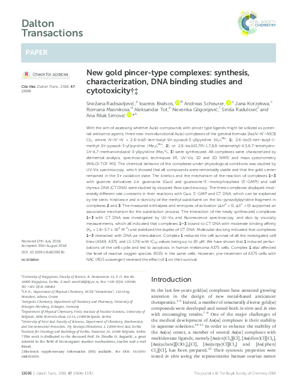 (PDF) New gold pincer-type complexes: synthesis, characterization, DNA binding studies and ...