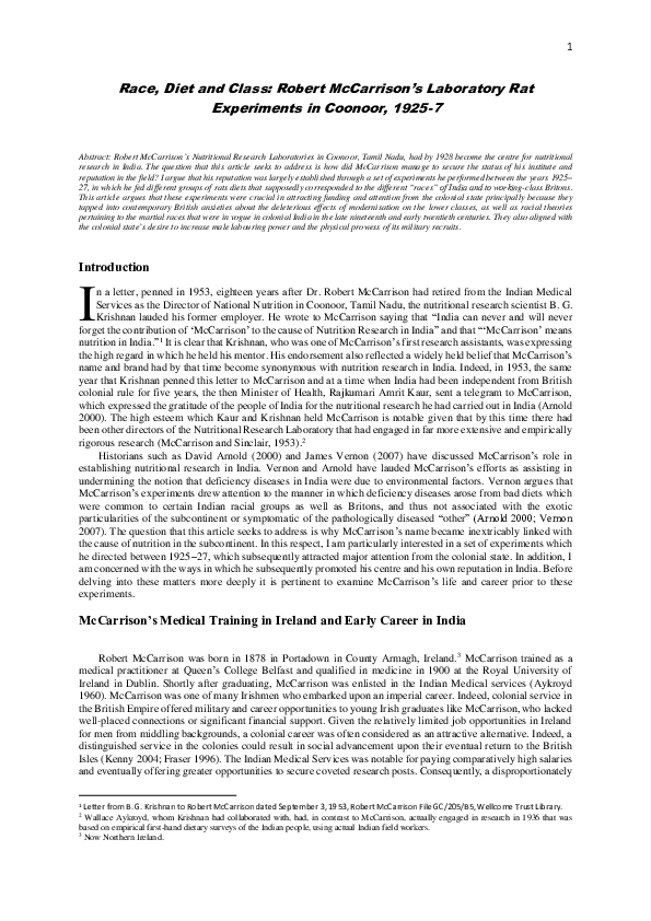 (DOC) Race, Diet and Class: Robert McCarrison’s Laboratory Rat ...