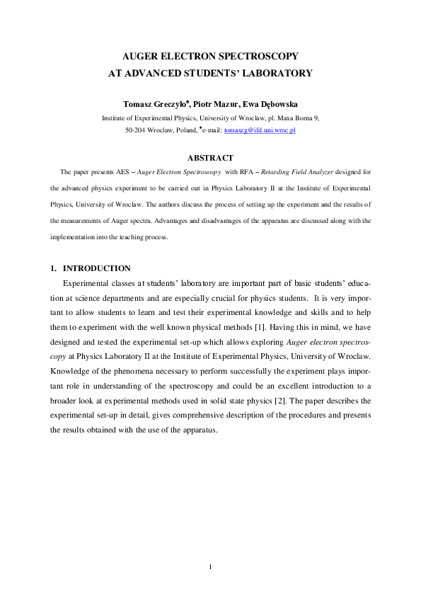 (PDF) Auger Electron Spectroscopy at Student Laboratory