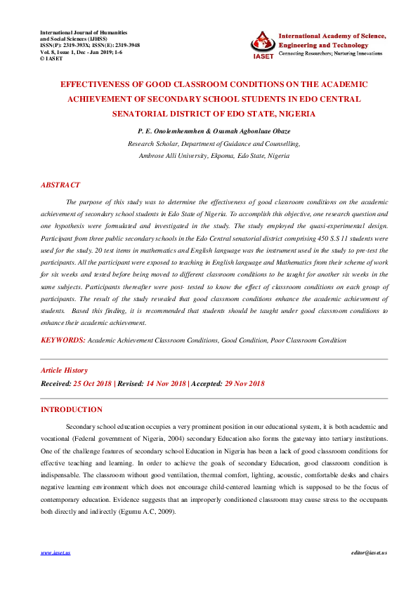 (PDF) 1. formate- IJHSS- EFFECTIVENESS OF GOOD CLASSROOM CONDITIONS ON ...