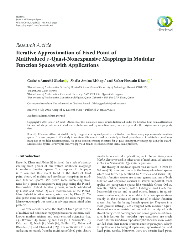 (PDF) Iterative Approximation of Fixed Point of Multivalued 𝜌-Quasi-Nonexpansive Mappings in ...