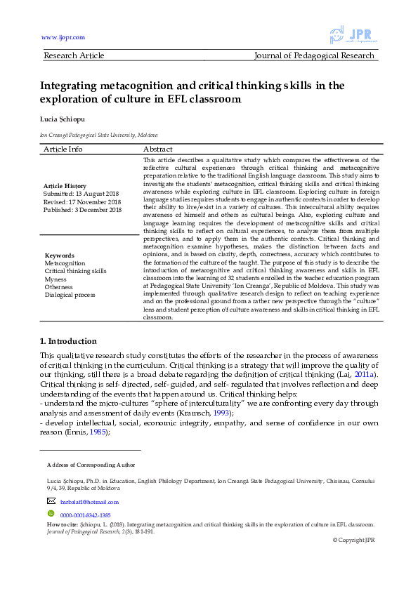 Pdf Integrating Metacognition And Critical Thinking Skills In The Exploration Of Culture In
