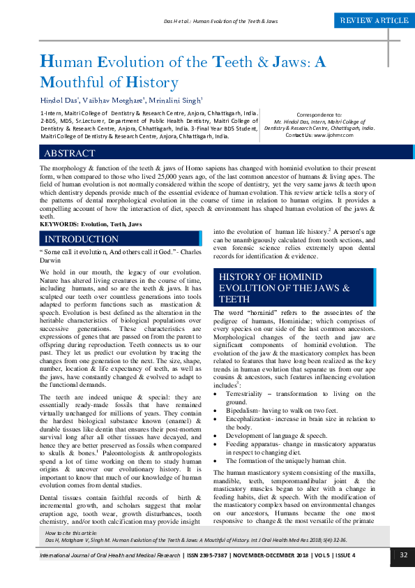 (PDF) Human Evolution of the Teeth & Jaws: A Mouthful of History