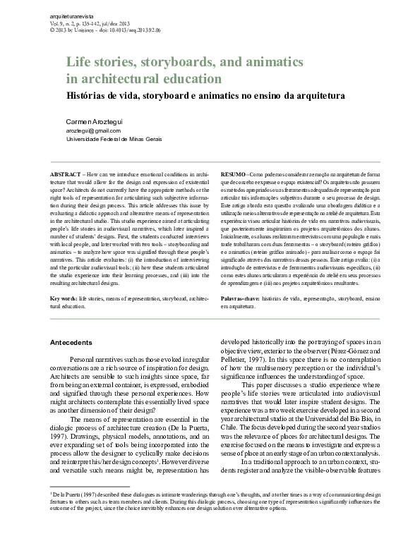 Histórias de vida, storyboard e animatics no ensino da arquitetura