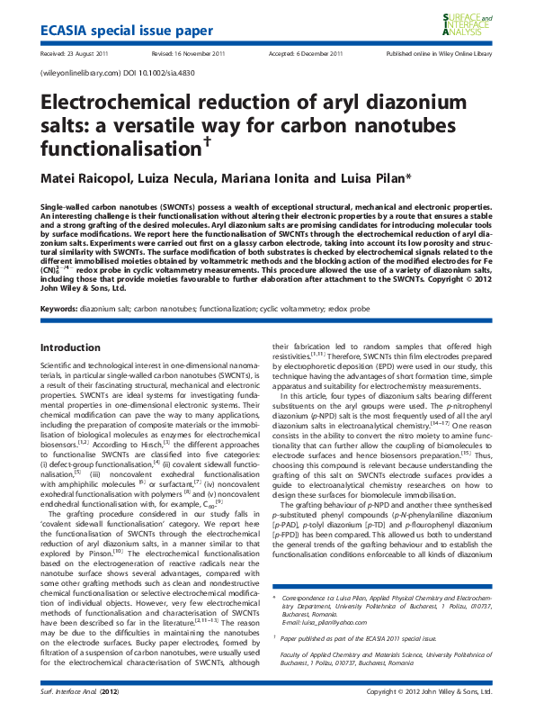 (PDF) Electrochemical reduction of aryl diazonium salts: A versatile way for carbon nanotubes ...
