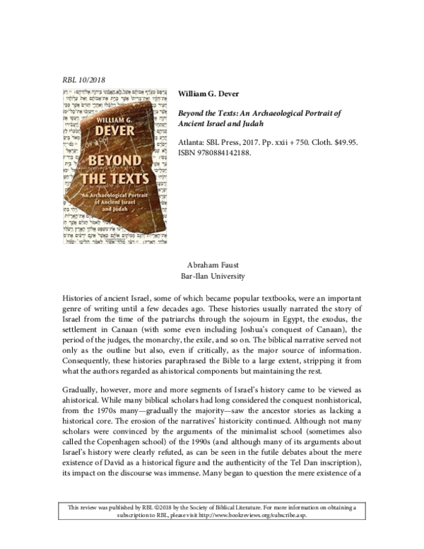 (PDF) Faust, A., 2018, Review of William Dever, Beyond the Texts: An ...
