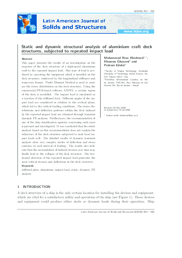 (PDF) Static and Dynamic Structural Analysis of Aluminium Craft Deck Structures, Subjected to ...