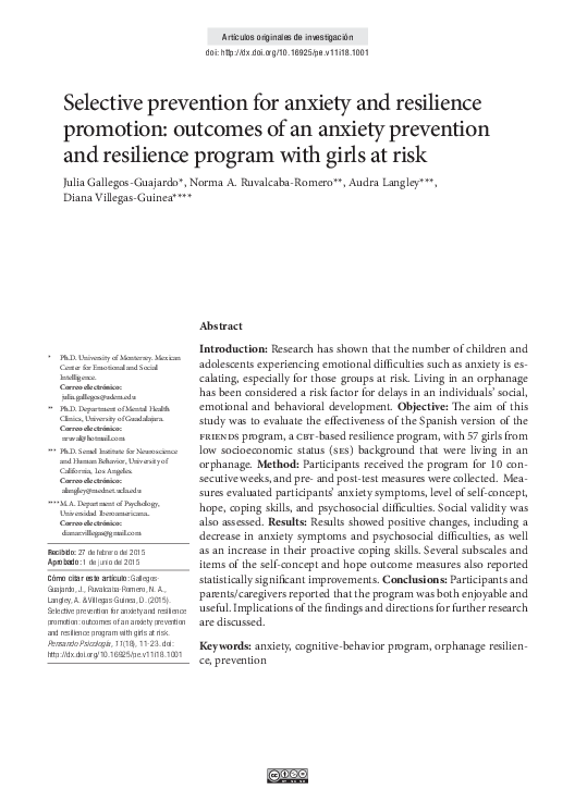 (PDF) Selective Prevention for Anxiety and Resilience Promotion ...