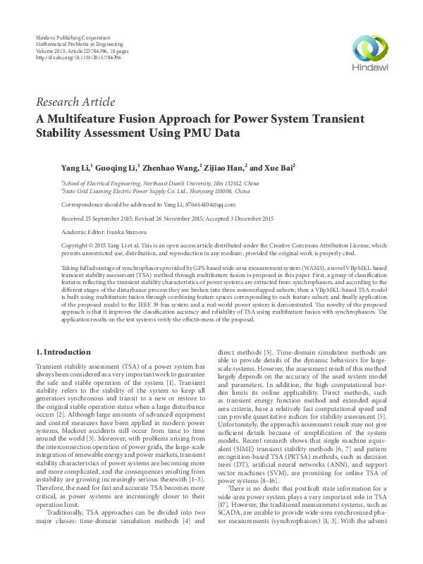 (PDF) A Multifeature Fusion Approach for Power System Transient Stability Assessment Using PMU Data