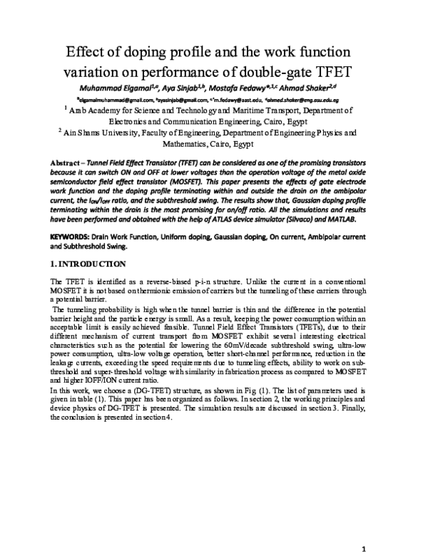 Pdf Effect Of Doping Profile And The Work Function Variation On Performance Of Double Gate Tfet
