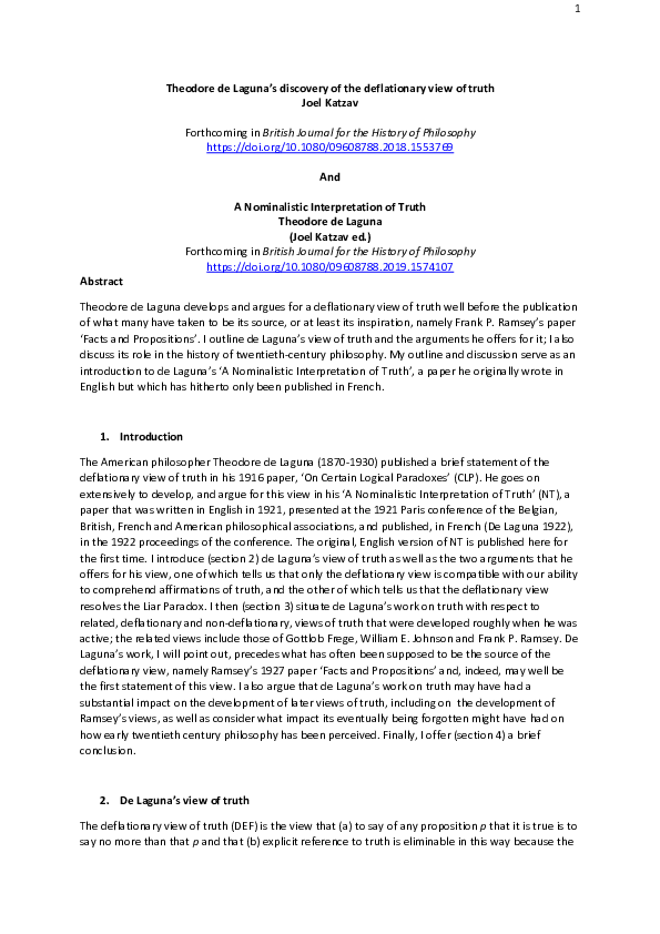 (PDF) Theodore de Laguna's discovery of the deflationary theory of ...