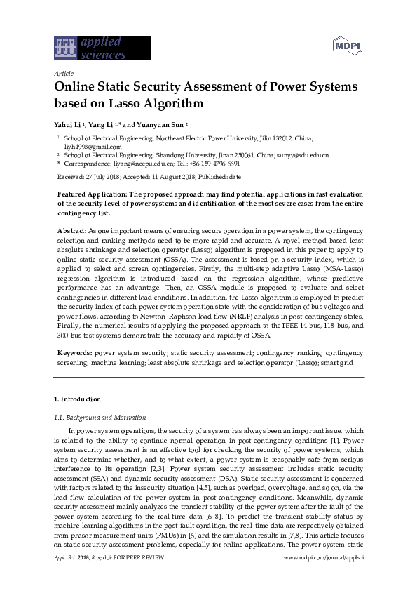 Pdf Online Static Security Assessment Of Power Systems Based On Lasso Algorithm