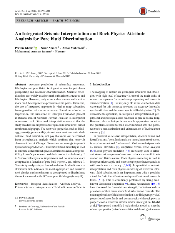 Pdf An Integrated Seismic Interpretation And Rock Physics Attribute Analysis For Pore Fluid