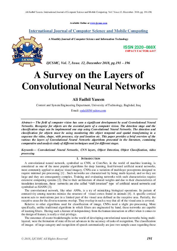 Pdf A Survey On The Layers Of Convolutional Neural Networks