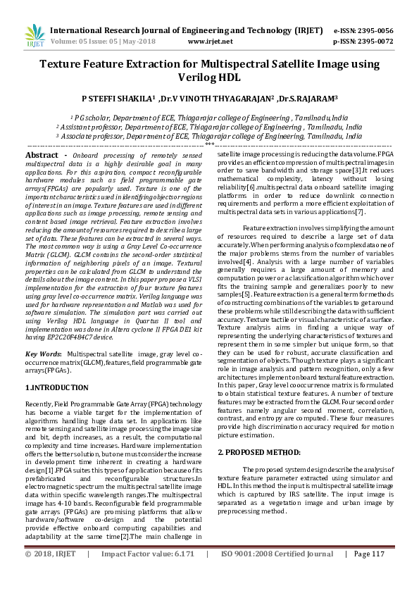Pdf Irjet Texture Feature Extraction For Multispectral Satellite Image Using Verilog Hdl