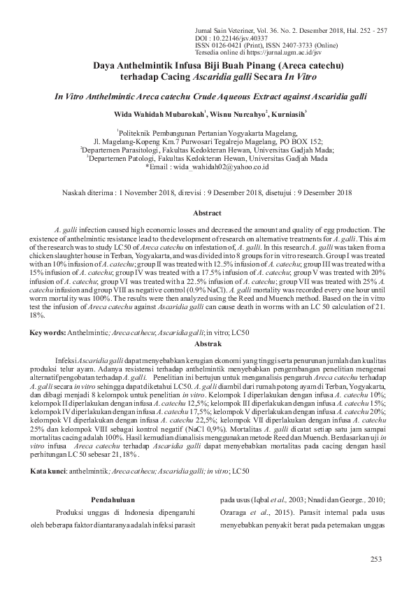 (PDF) In Vitro Anthelmintic Areca catechu Crude Aqueous Extract against Ascaridia galli