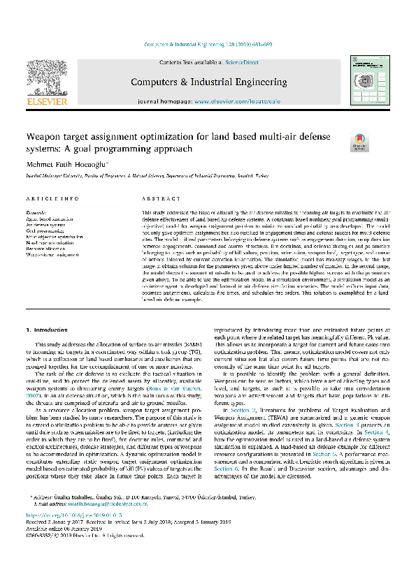 Pdf Weapon Target Assignment Optimization For Land Based Multi Air