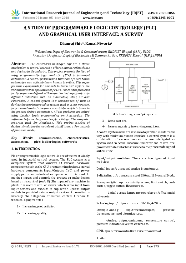 (PDF) IRJET- A Study of Programmable Logic Controllers (PLC) and Graphical User Interface: A Survey