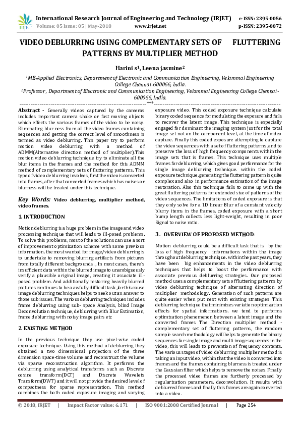 (PDF) IRJET-Video Deblurring using Complementary Sets of Fluttering Patterns by Multiplier Method