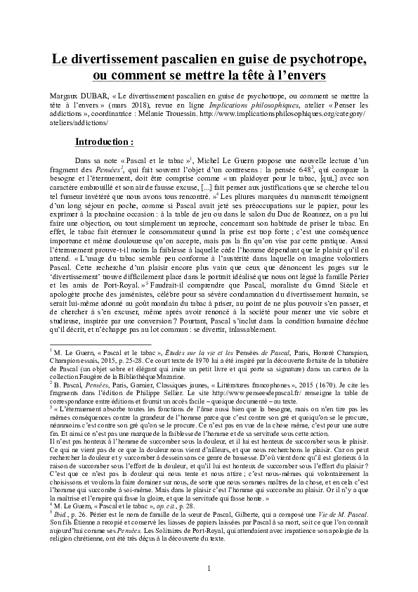 (PDF) « Le divertissement pascalien en guise de psychotrope, ou comment ...