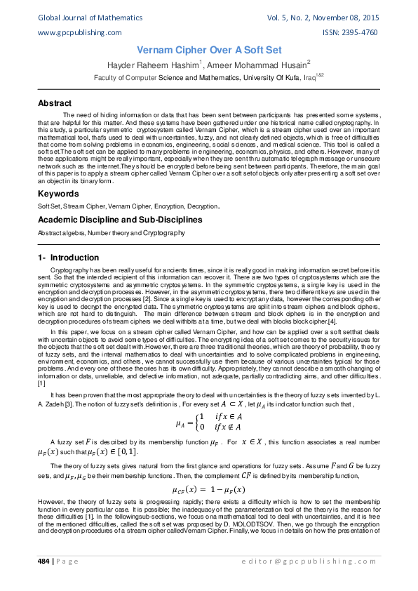(PDF) Vernam Cipher over a soft set