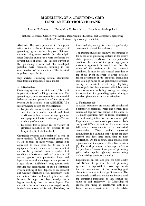 (PDF) Modelling of a Grounding Grid Using an Electrolytic Tank