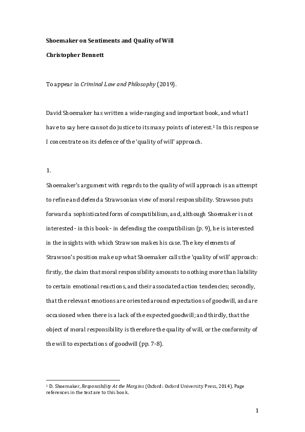 (PDF) Shoemaker on Sentiments and Quality of Will