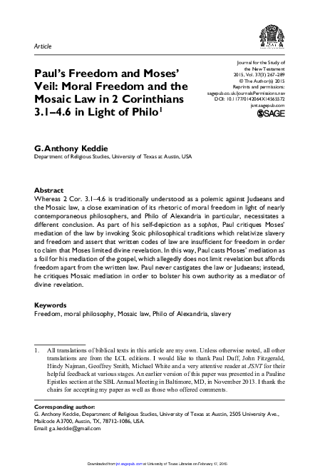 (PDF) Paul’s Freedom and Moses’ Veil: Moral Freedom and the Mosaic Law ...
