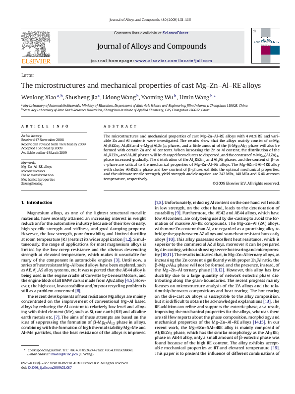 (PDF) The microstructure and mechanical properties of cast Mg-Zn-Al-RE alloys