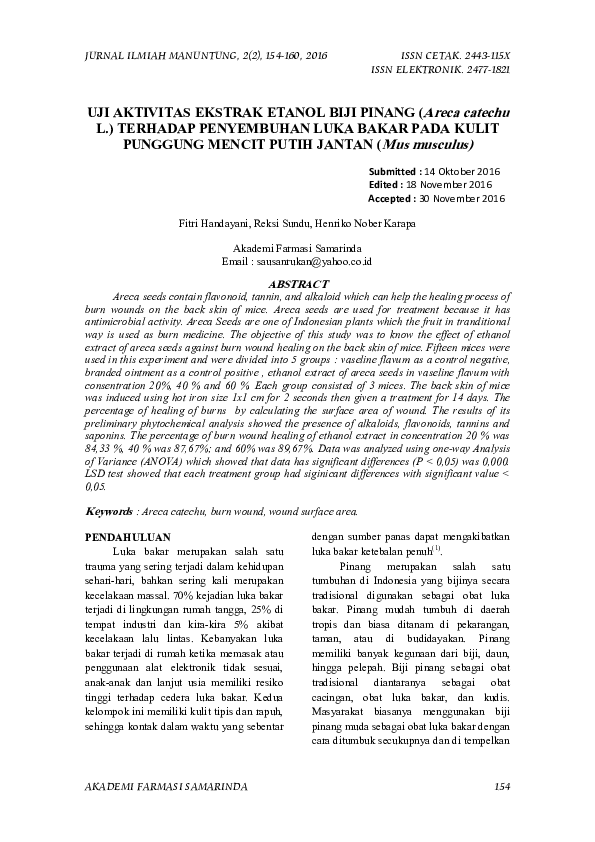 (PDF) UJI AKTIVITAS EKSTRAK ETANOL BIJI PINANG (Areca catechu L.) TERHADAP PENYEMBUHAN LUKA ...