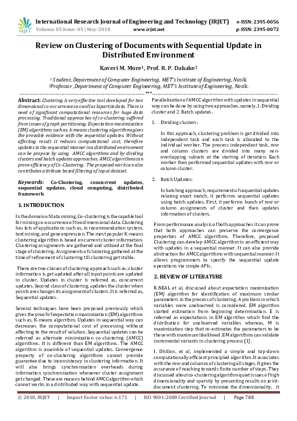 Pdf Irjet Review On Clustering Of Documents With Sequential Update In Distributed Environment