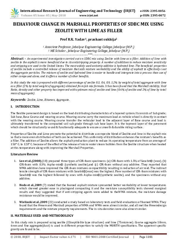 (PDF) IRJET-Behaviour Change in Marshall Properties of SDBC Mix using ...